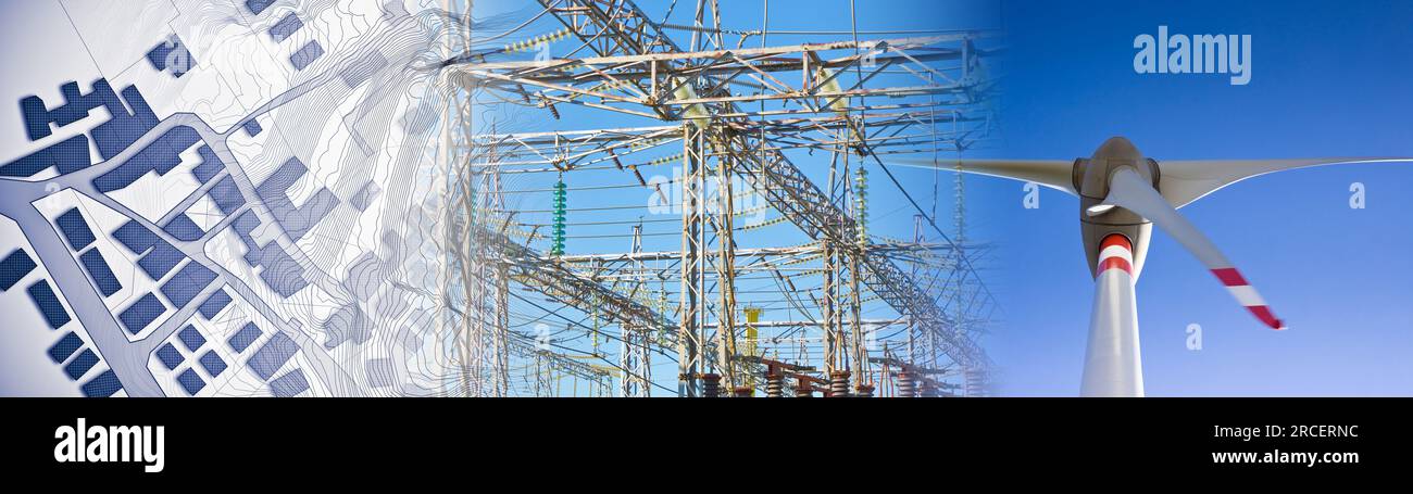 Electricity distribution in cities - concept image with city map, power ...