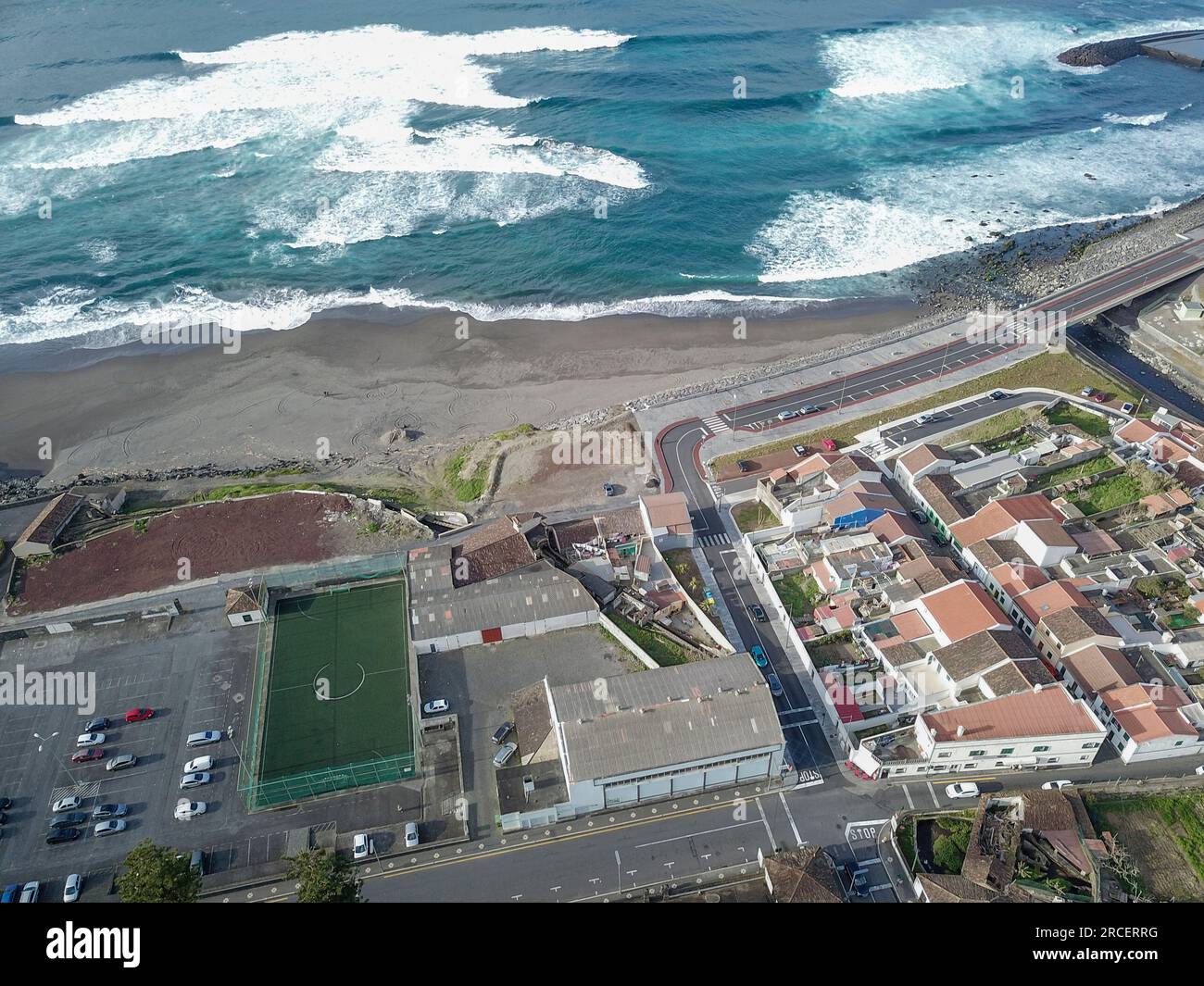 Aerial view over the urbanization and waterfront in the City of Ribeira ...