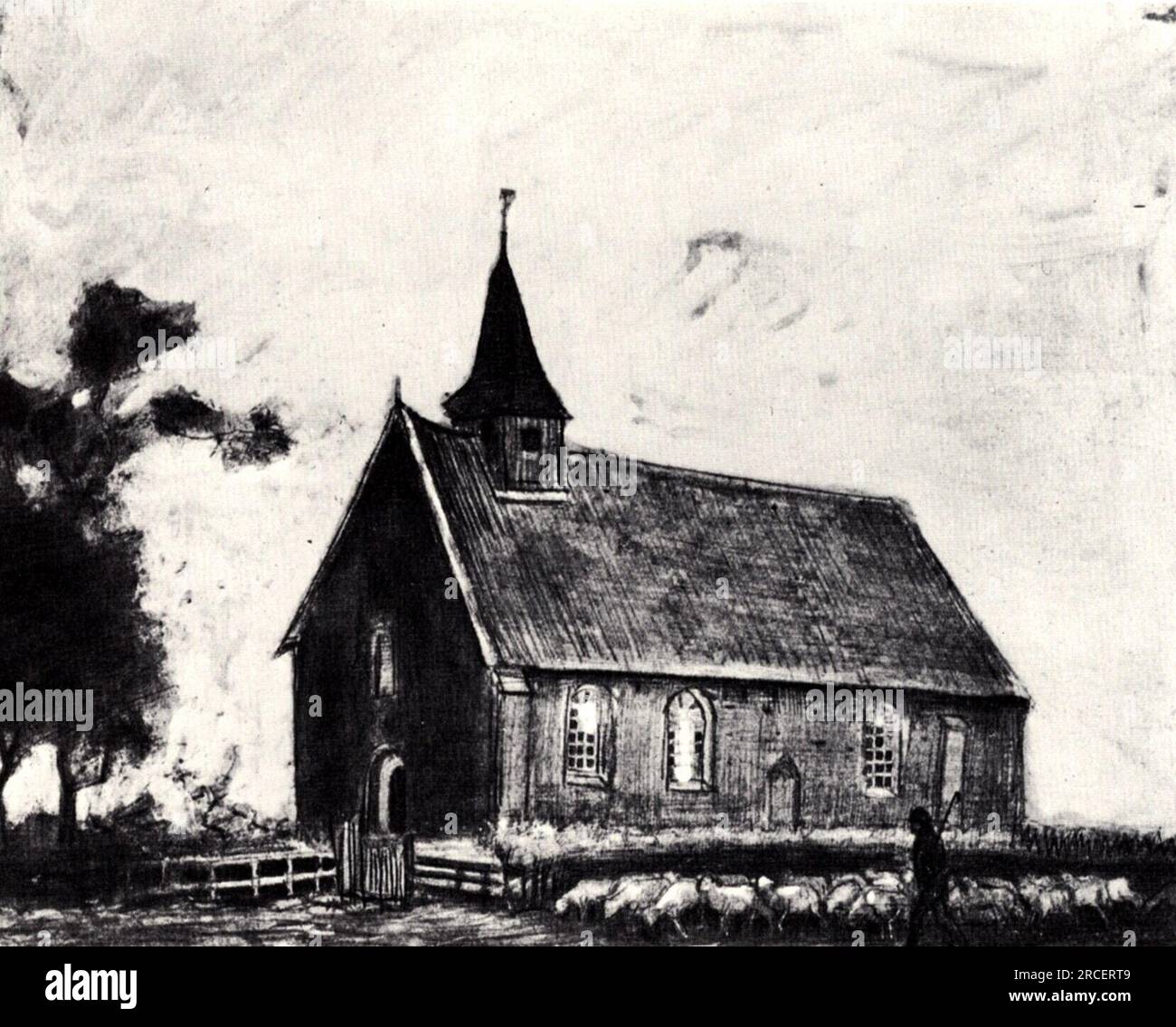 Shepherd with Flock near a Little Church at Zweeloo 1883; Netherlands ...