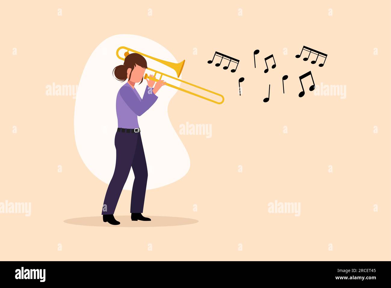 Business flat drawing trombone player. Female performer play wind ...