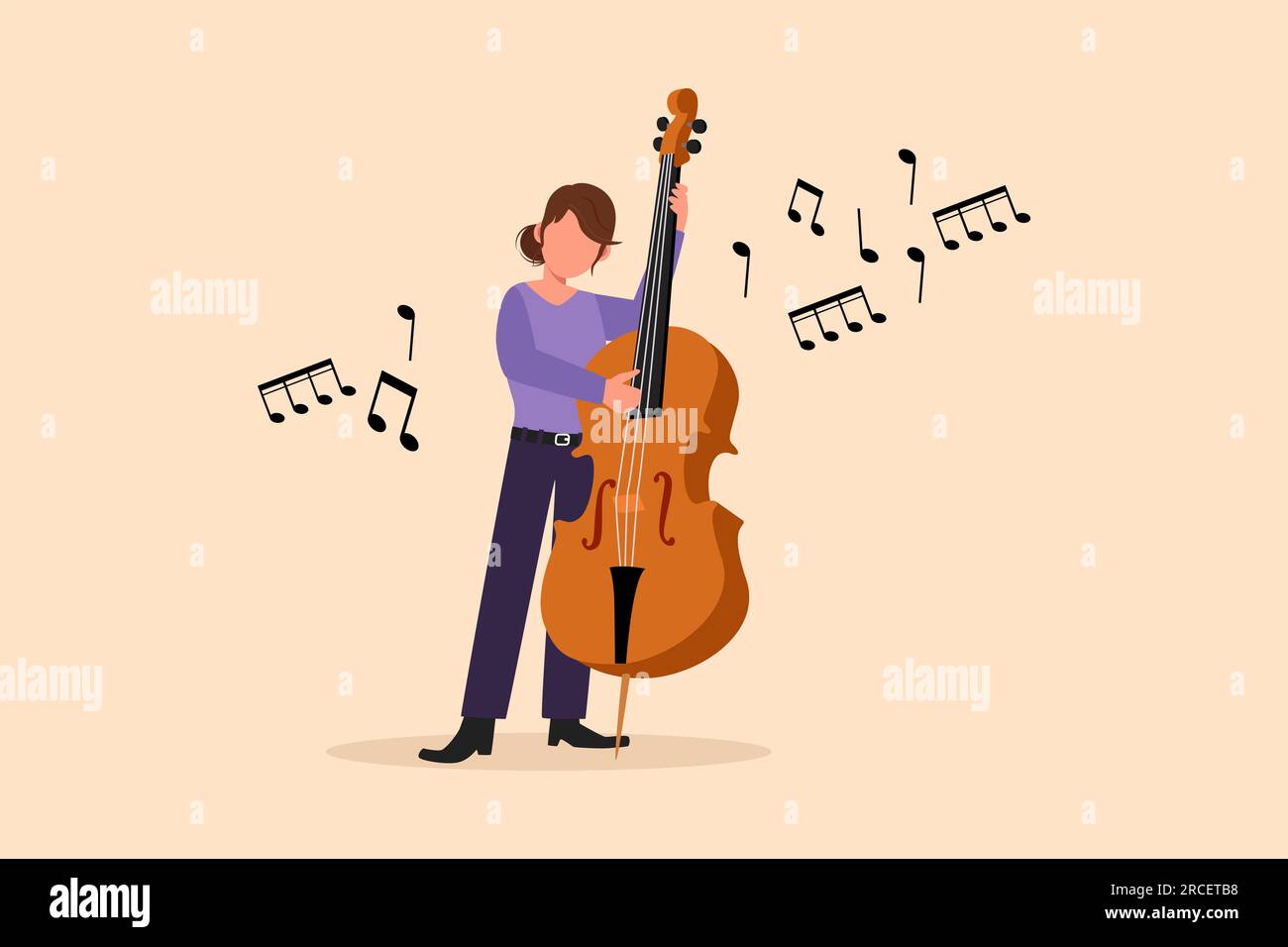 Business flat drawing double bass player standing with big string ...