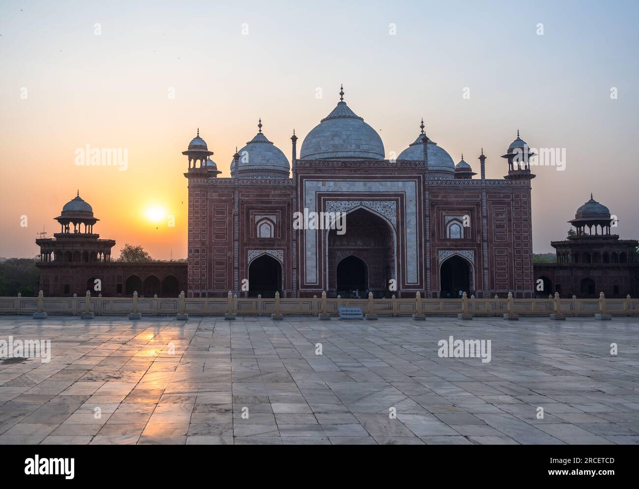 Agra, India -- April 16, 2023. A wide angle morning photo of a mosque ...