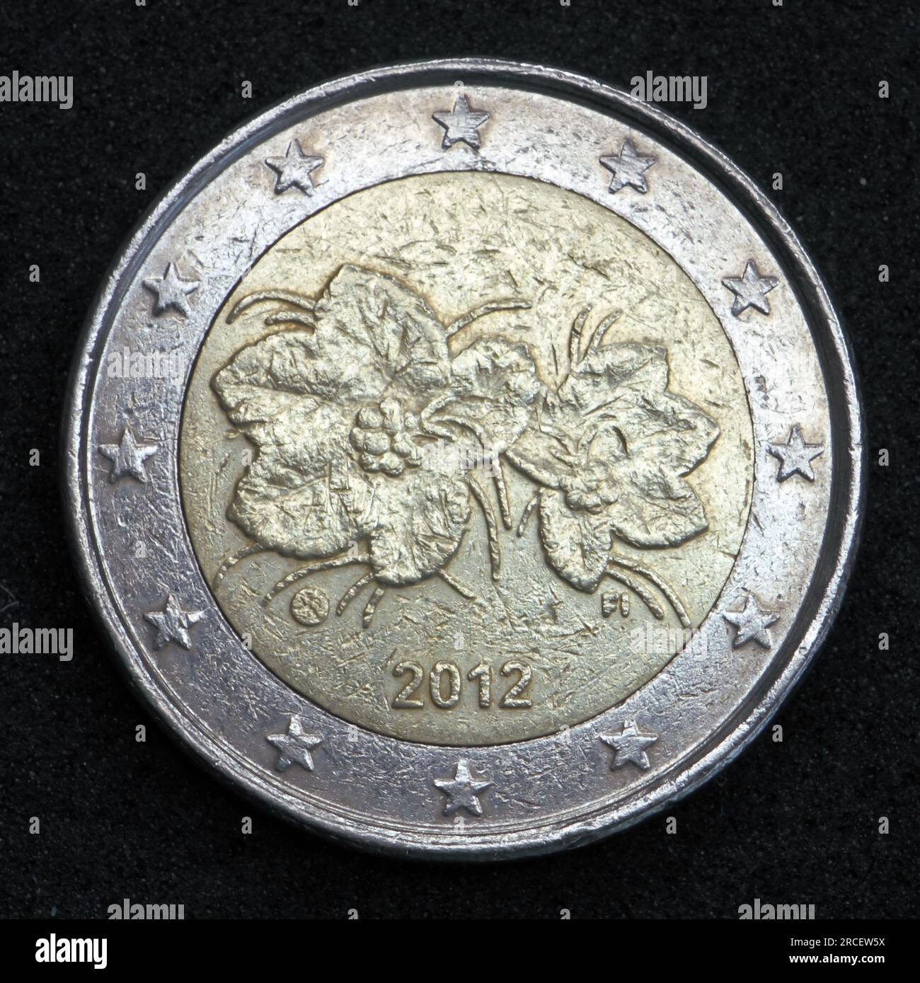 Back, national side of 2 Euro coin from Finland shows cloudberries and ...
