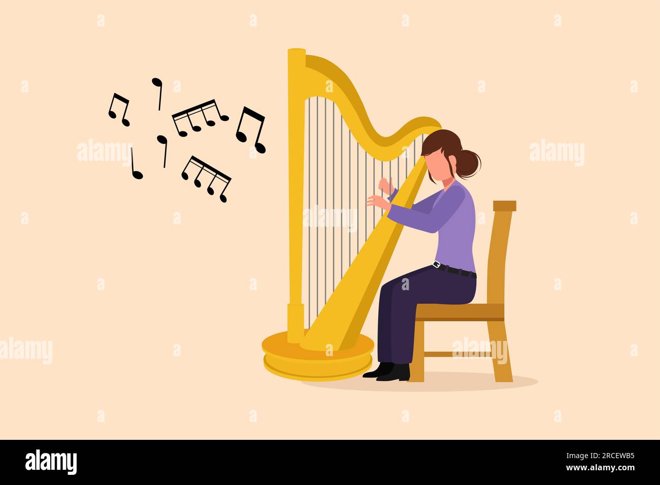 Business flat cartoon style drawing woman musician playing harp ...