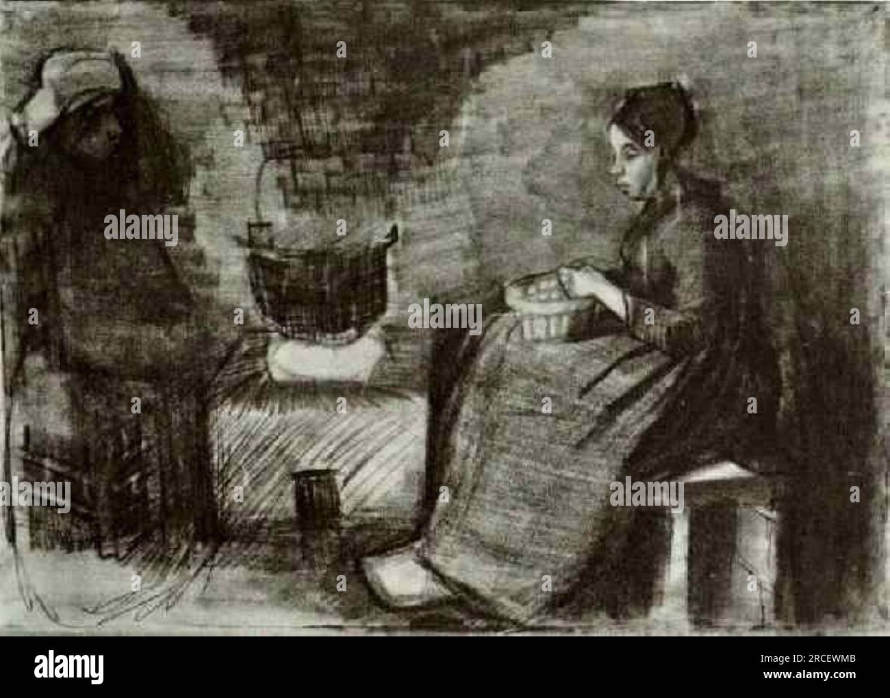 Woman, Sitting by the Fire, Peeling Potatoes, Sketch of a Second Figure ...