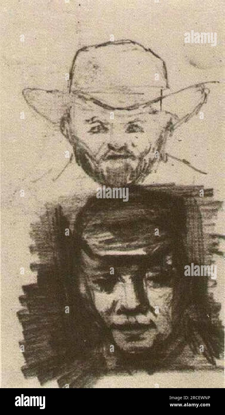 Two Heads Man with Beard and Hat Peasant with Cap 1885 by Vincent van ...