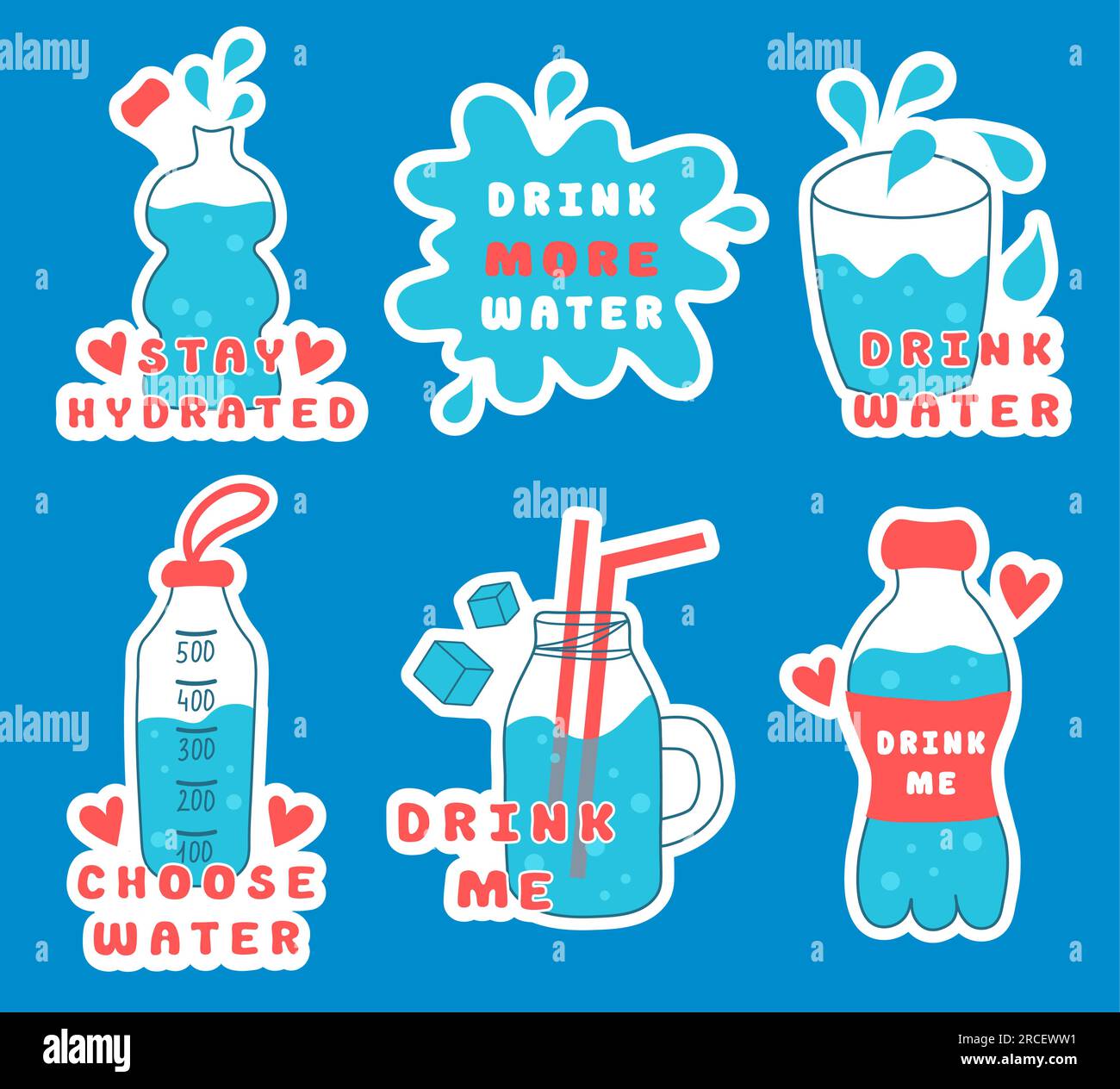 Drink more water sticker set. Sport bottles, glasses collection. Vector flat illustration Stock ...