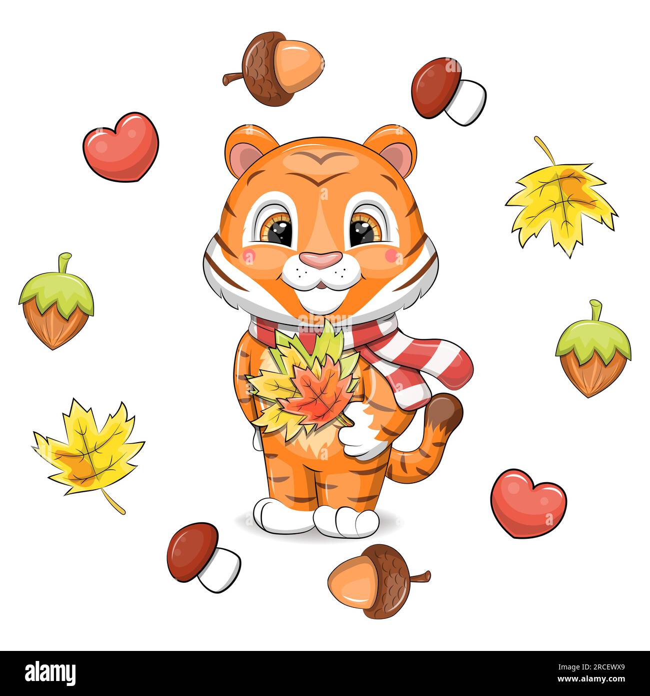 Cute cartoon tiger with a red scarf and fallen leaves in an autumn ...