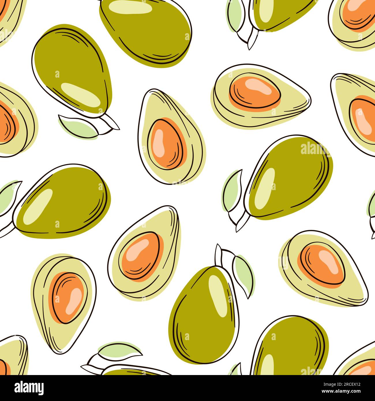 Avocado seamless pattern line art, flat style. Avocado one cut in half ...