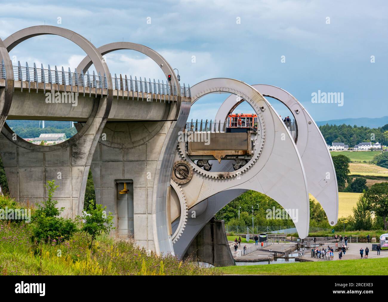 Canal boat being lifted by Falkirk Wheelat junction of Union & Forth ...