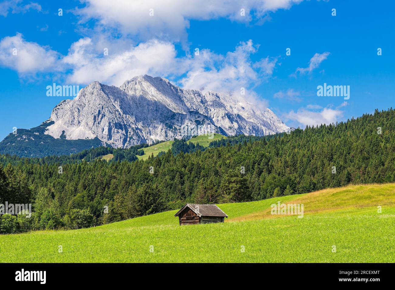 Hay hut in the Humpback Meadows between Mittenwald and Kruen, Germany ...