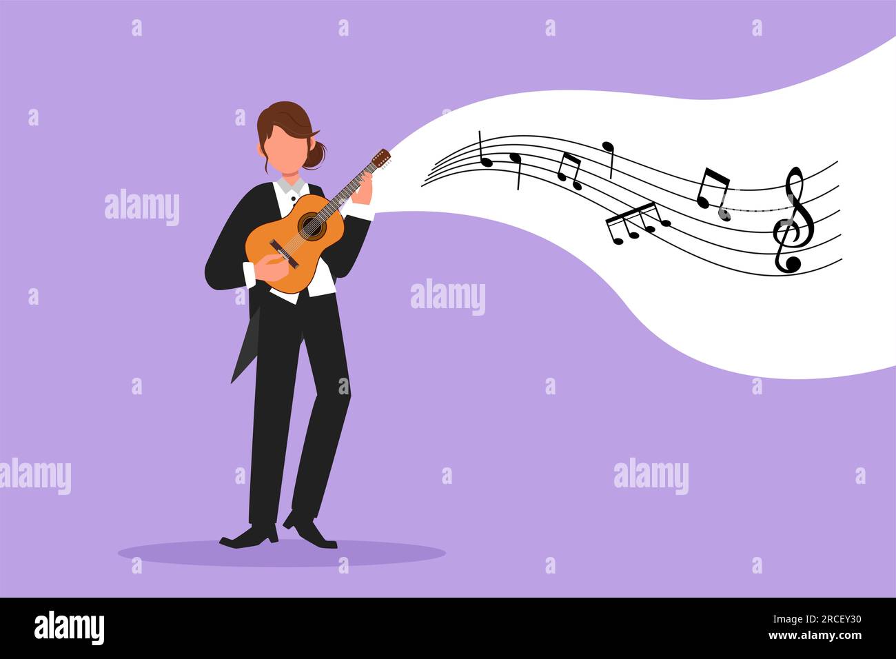 Business flat cartoon style drawing joyful girl playing on ukulele and ...