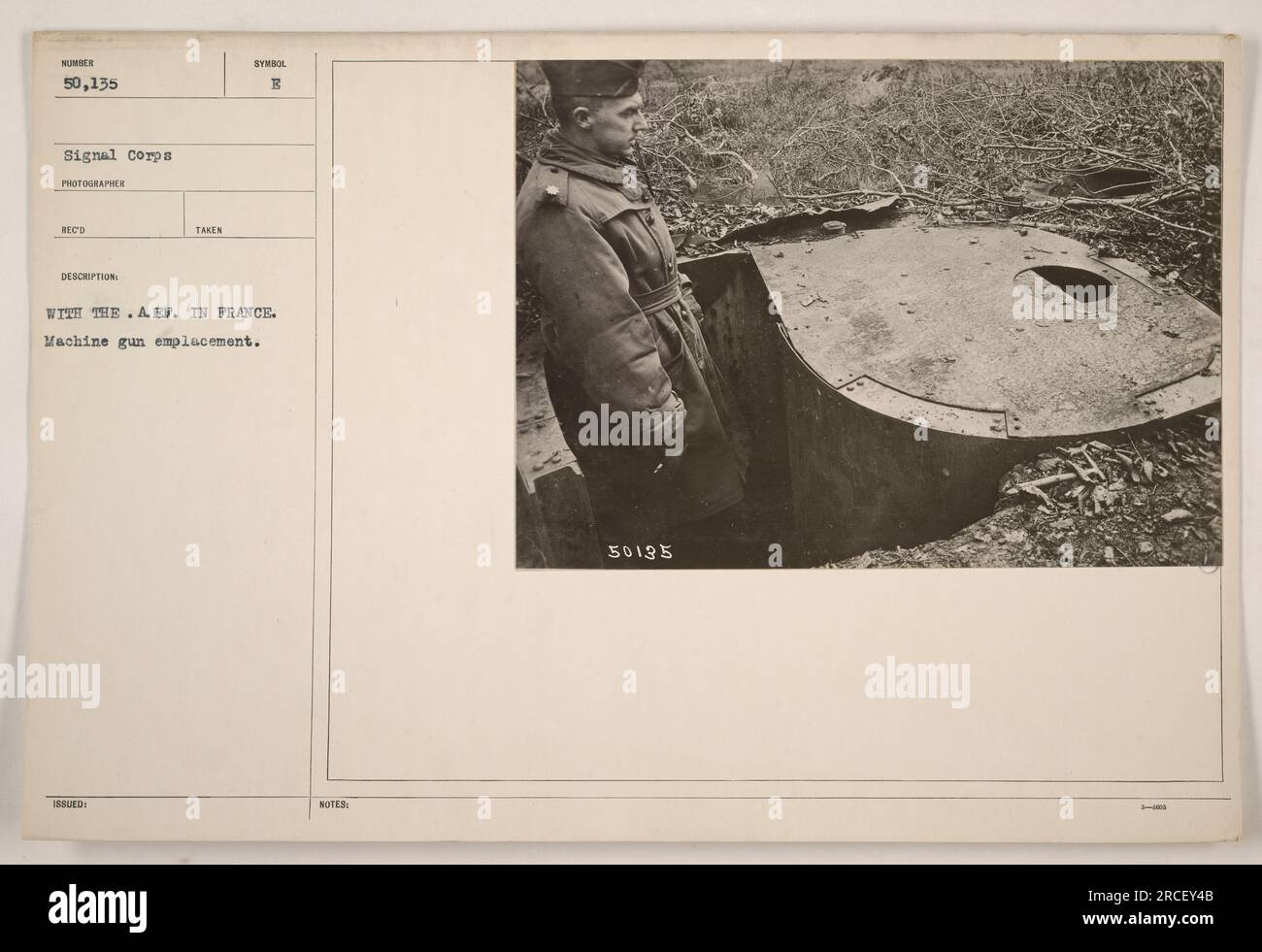 A machine gun emplacement captured in a photograph taken during World ...