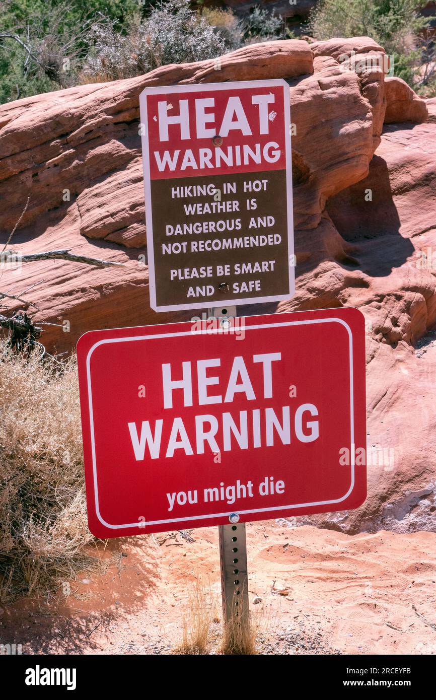 Heat Warning at a trail head 'Valley of Fire' Nevada USA Stock Photo ...