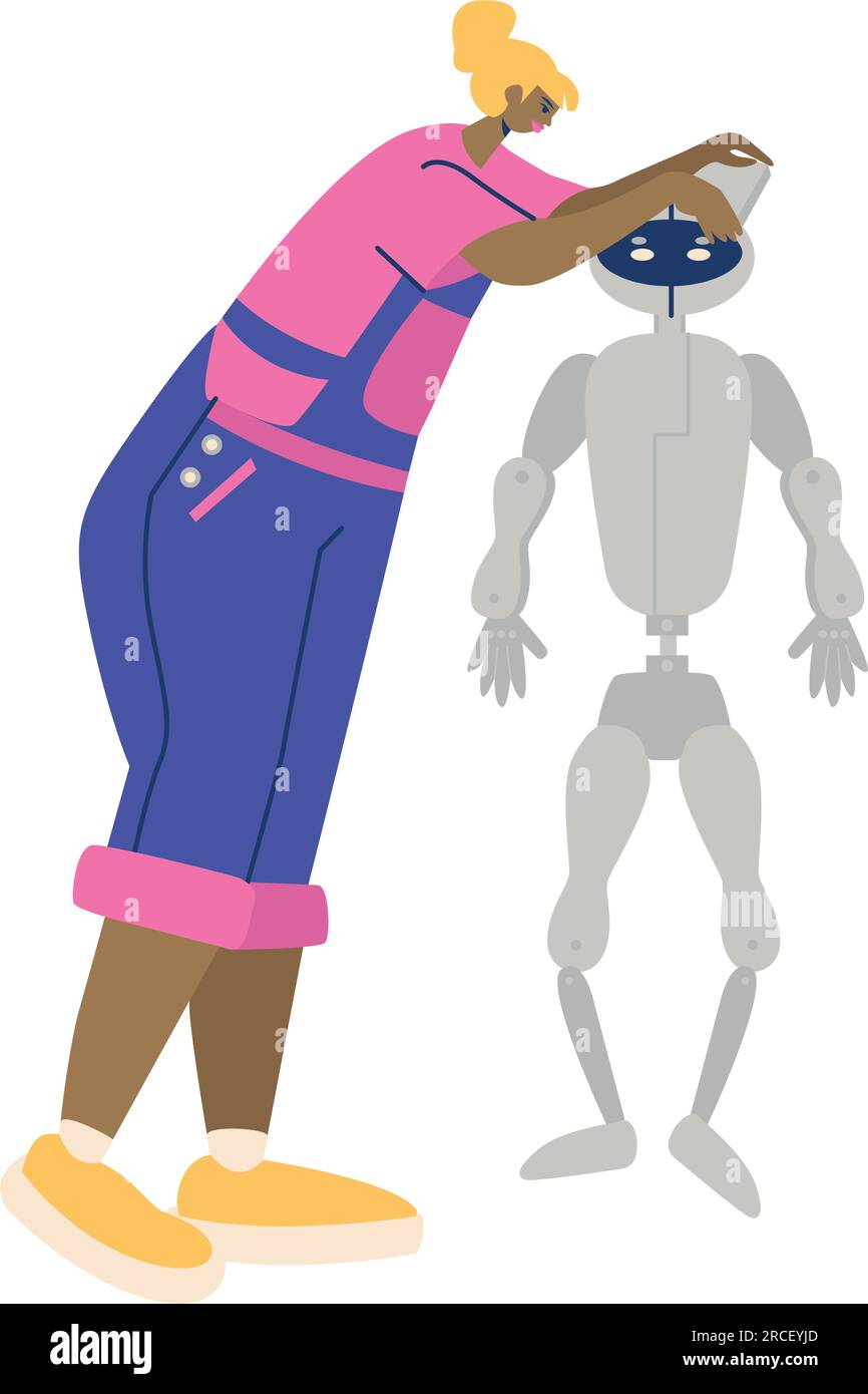 Woman building a robot isolated on white background Stock Vector Image ...