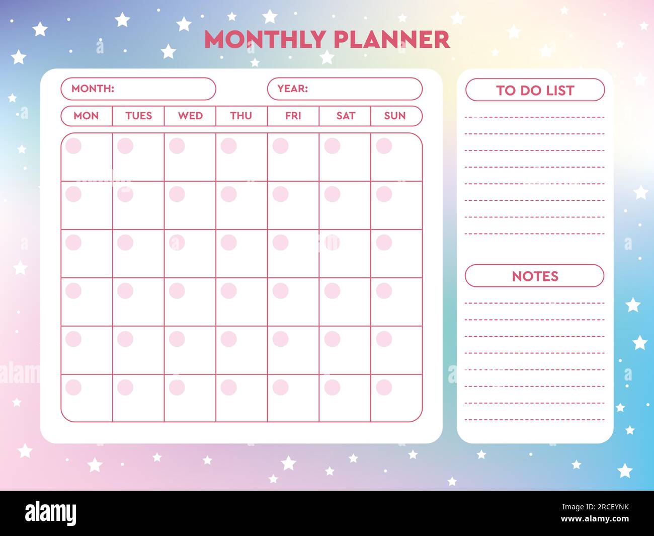 Monthly calendar glider on rainbow background with stars Stock Vector ...