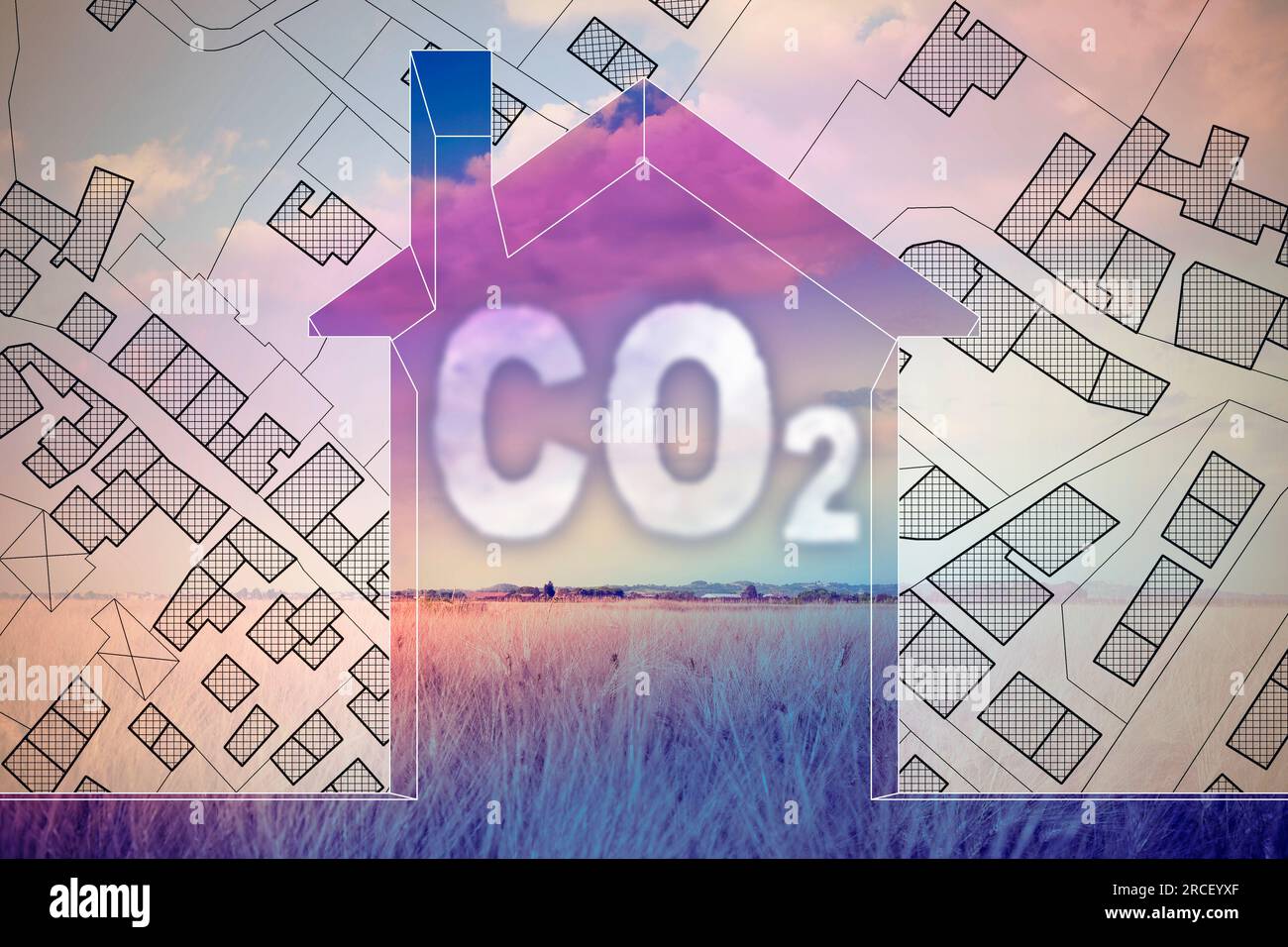 CO2 emissions in building activity - concept image with an outline of a ...