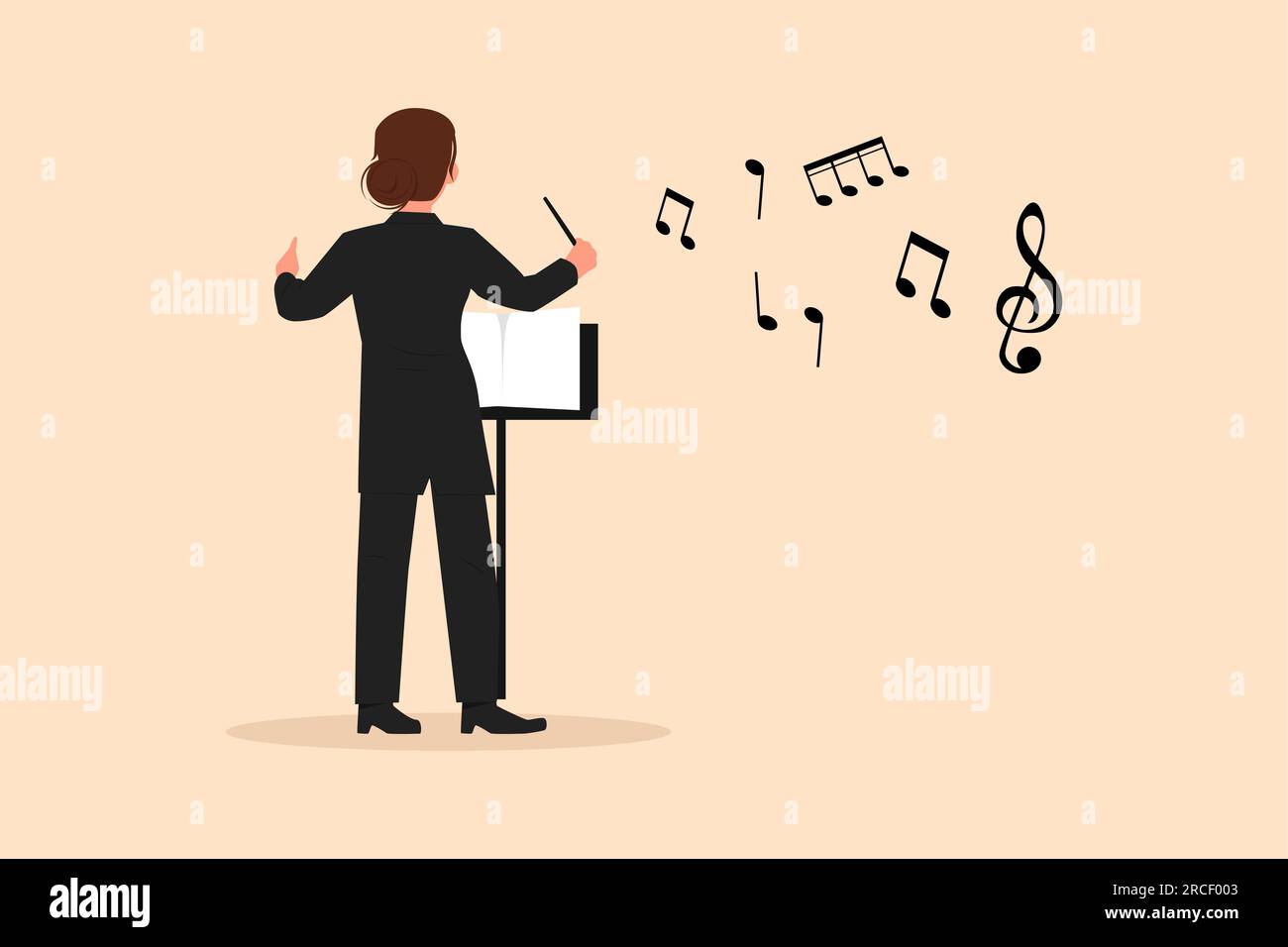 Business flat drawing back view woman conductor performing on stage ...