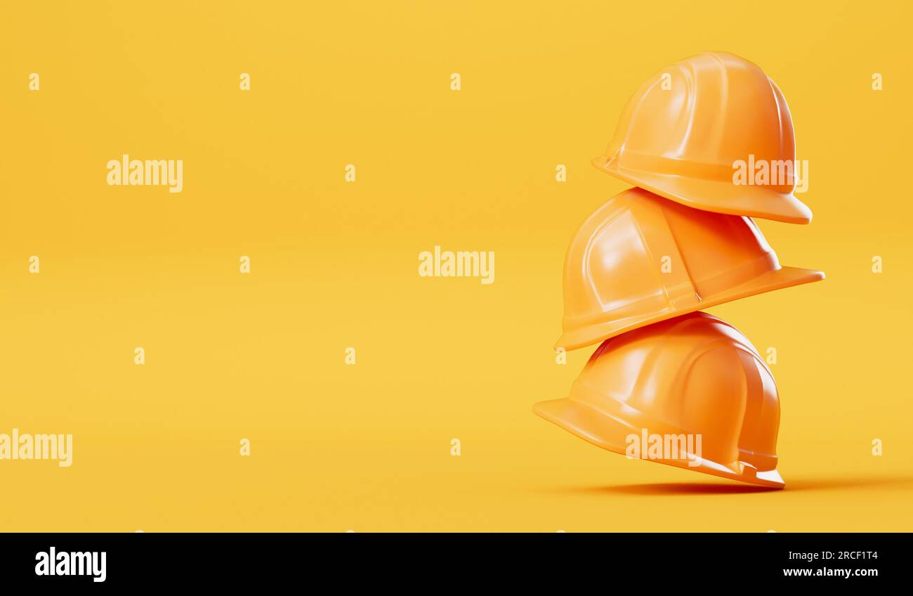 Yellow builders hard hat head protection on a yellow background. 3D ...