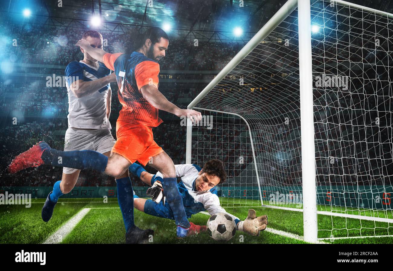 Football action with the attacker contrasted by the defenders trying to ...