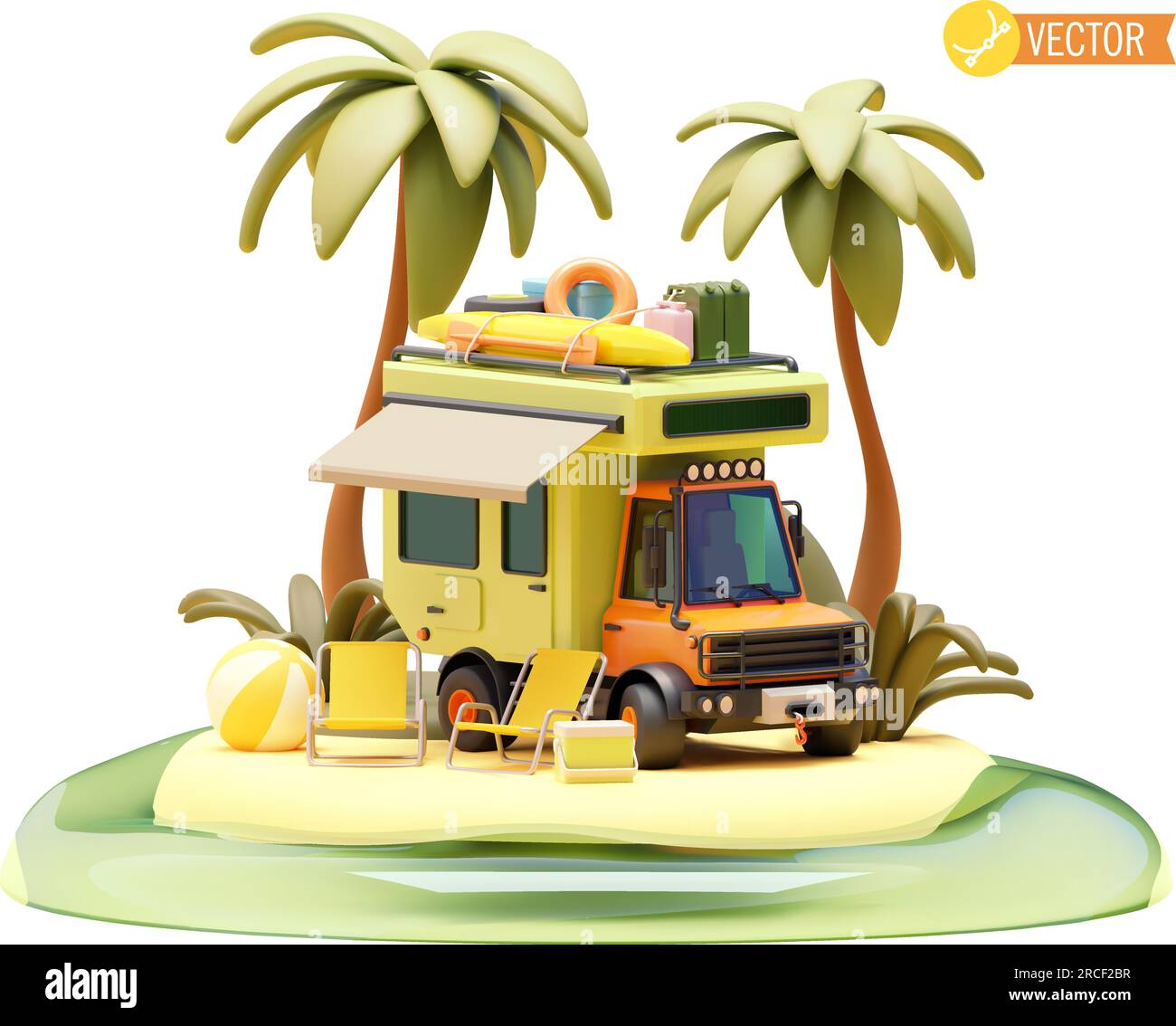 Vector camper van on the beach. Offroad camper on the sandy tropical ...