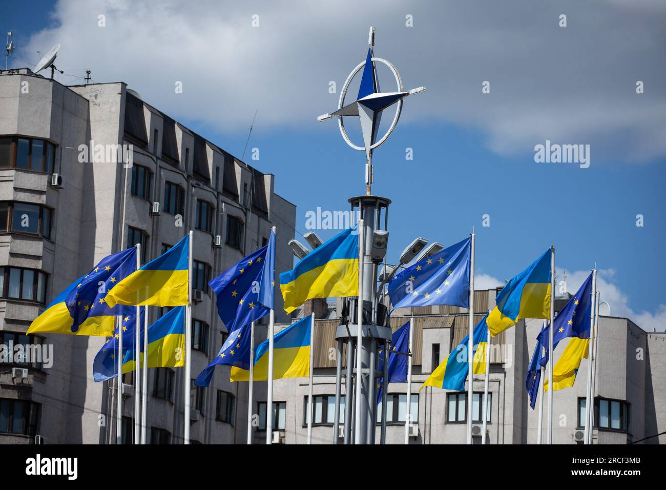Kyiv, Ukraine. 12th July, 2023. National flags of Ukraine and European ...