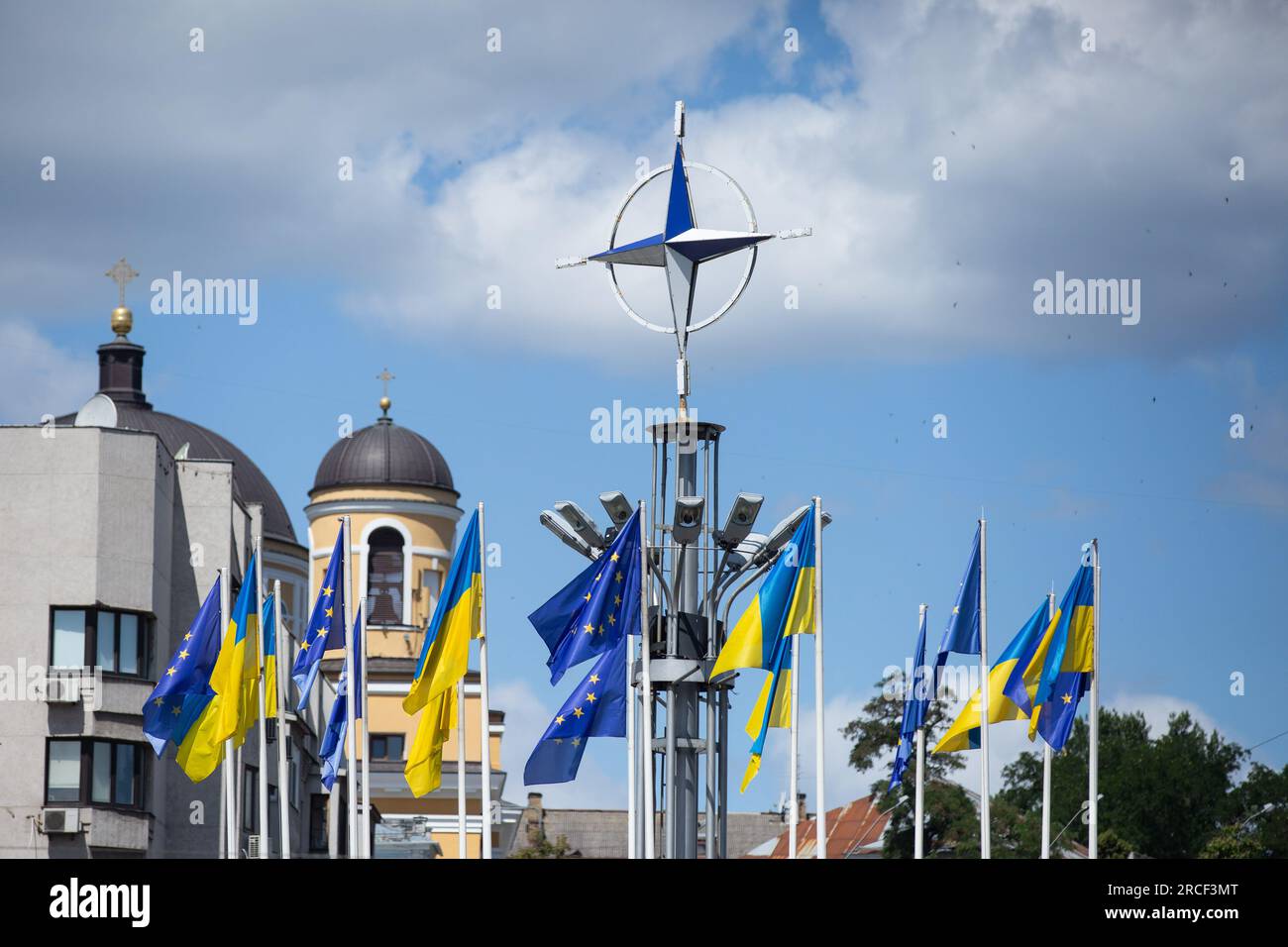 Kyiv, Ukraine. 12th July, 2023. National flags of Ukraine and European ...