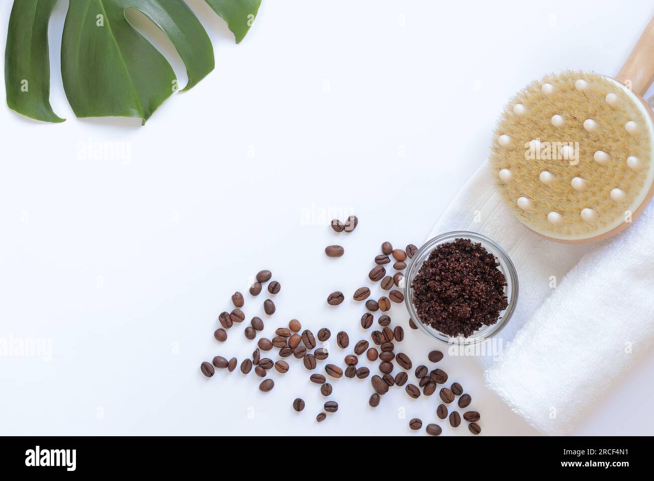 Spa self care concept. Flat lay composition of coffee scrub, anti ...