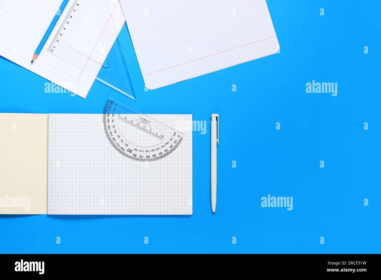 Concept Back to school. Stationery items, notebooks, rulers, pen and ...