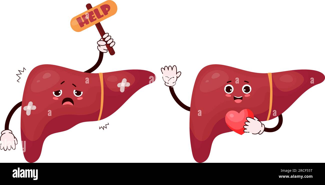 Cute cartoon liver. Happy and unhappy sick human organ character is ...