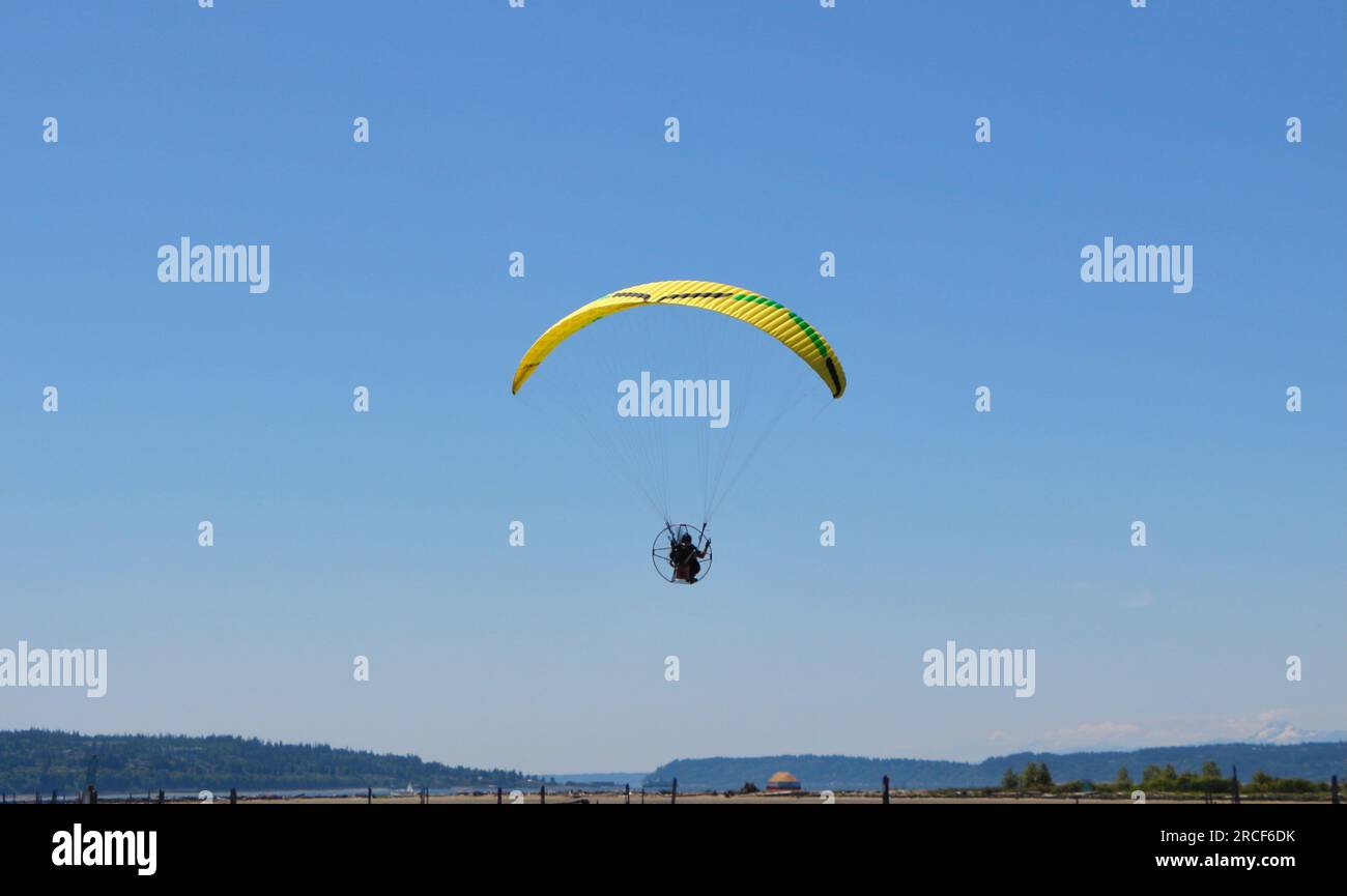 Series of images of a Powered paraglider launching from near the ...