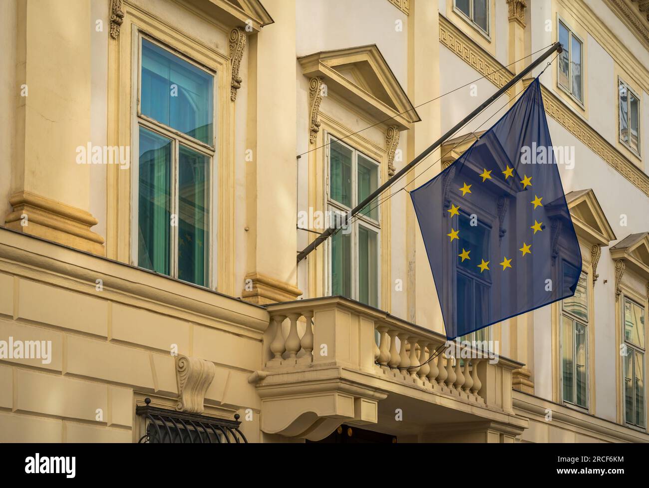 European Union flag on the balcony of an old building Stock Photo - Alamy