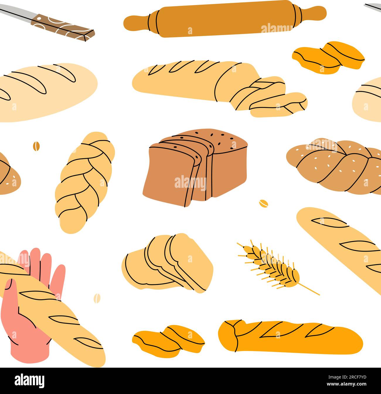 Fresh breads pattern. Bakery products seamless background. Whole grain ...