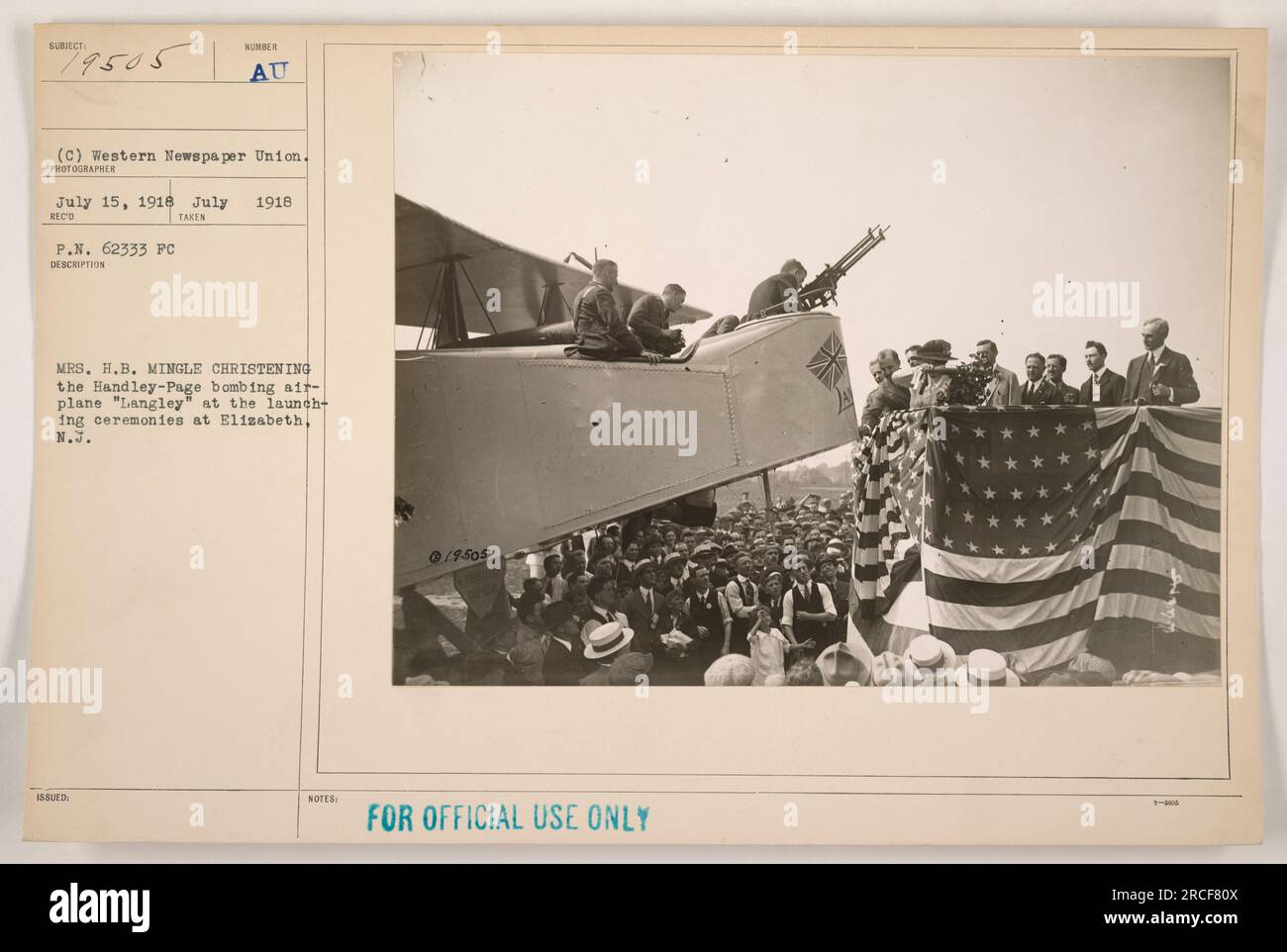 Mrs. H.B. Mingle christening the Handley-Page bombing airplane "Langley ...