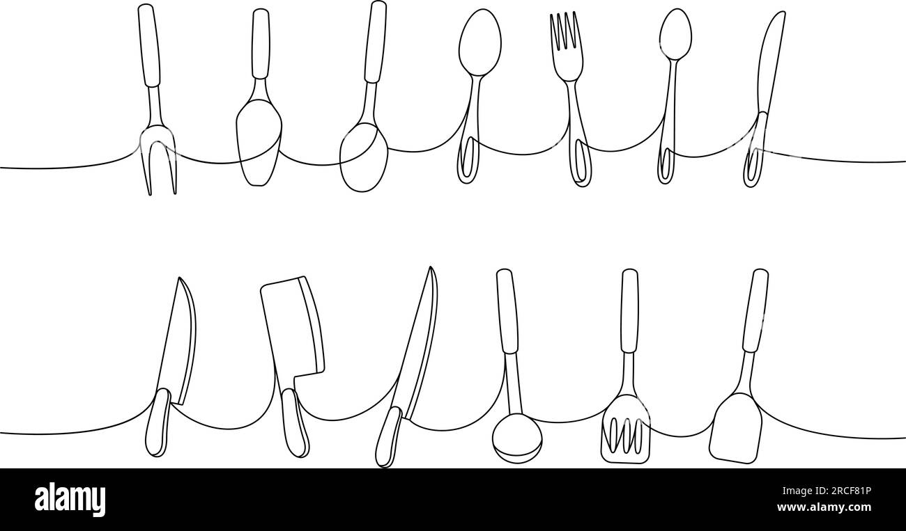 Kitchen utensils one line continuous drawing. Kitchen spatula, ladle ...