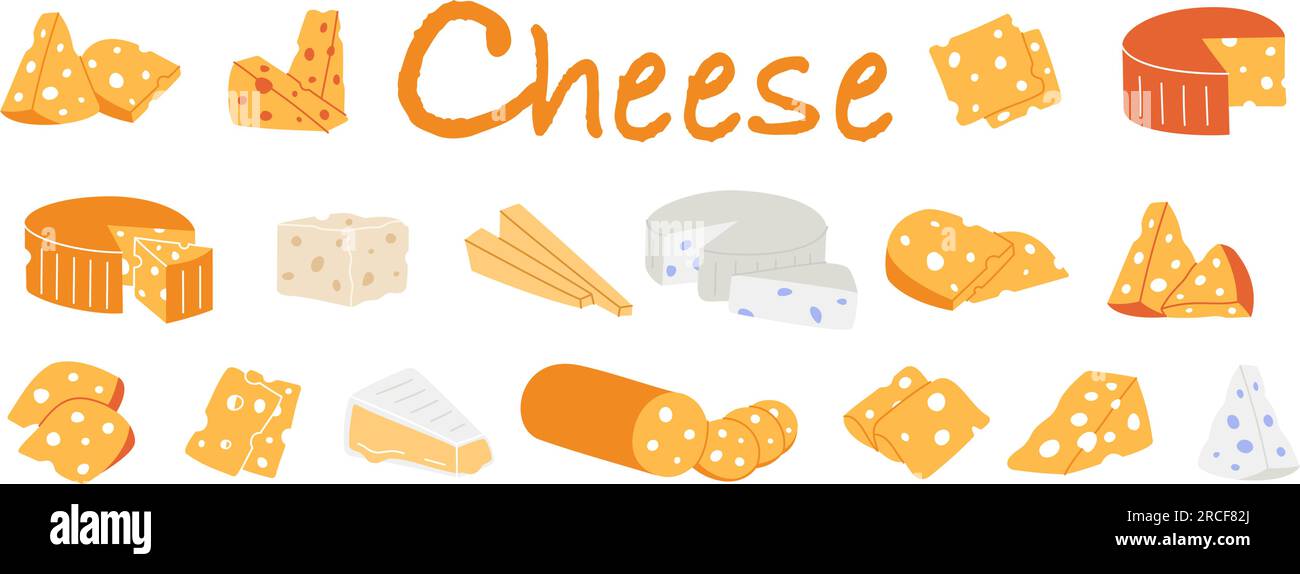 Triangles and slices of delicious cheeses. Pieces of cheeses with ...