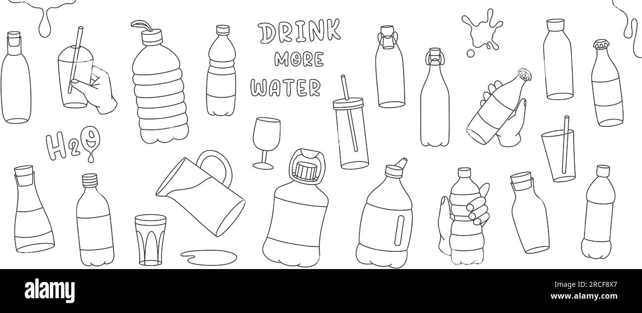 Water bottles outline sketch set. Drink more water. Plastic water ...