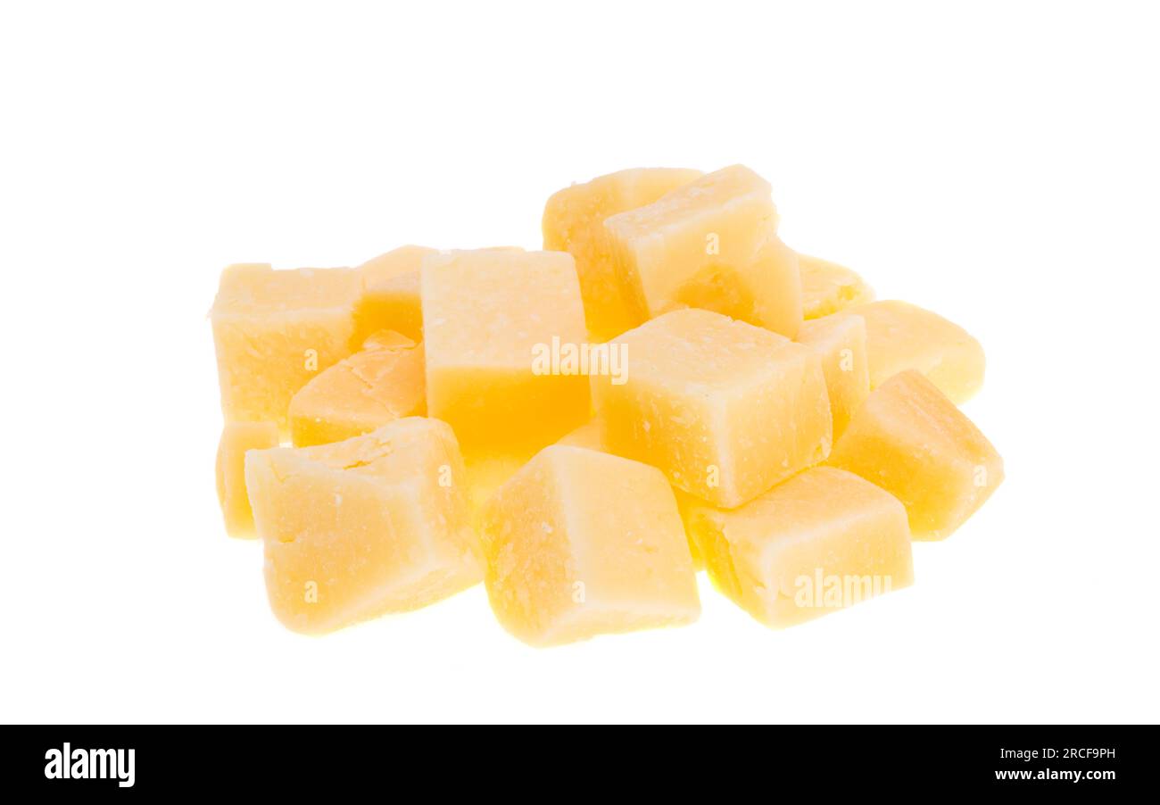 cheese cubes on white background Stock Photo - Alamy