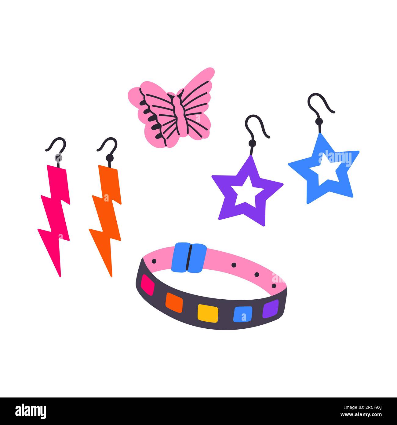 Classic 80s 90s accessories in modern style flat, line style. Hand drawn vector. Fashion patch ...