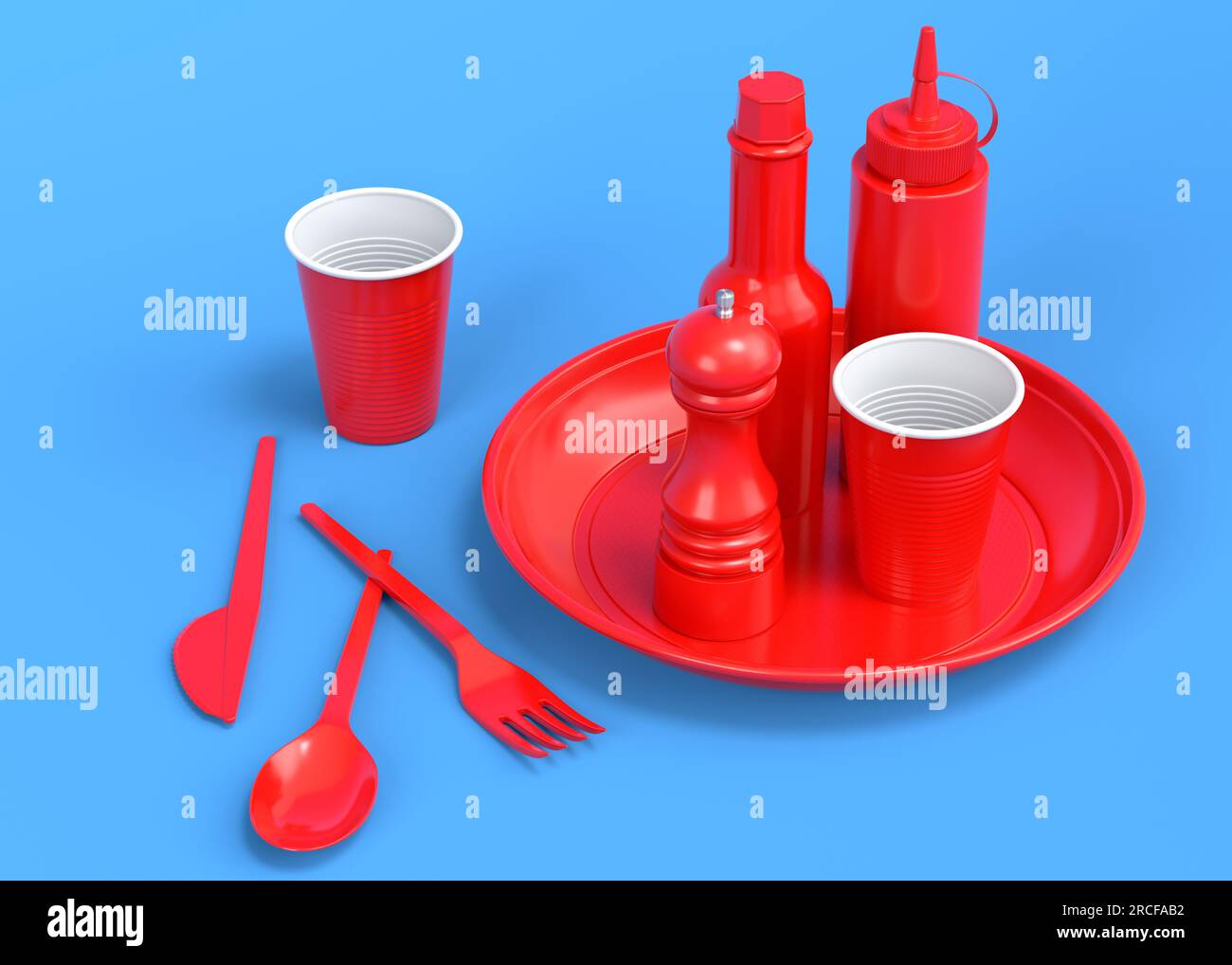 Set of disposable utensils like plate, folk, spoon,knife and cup on ...