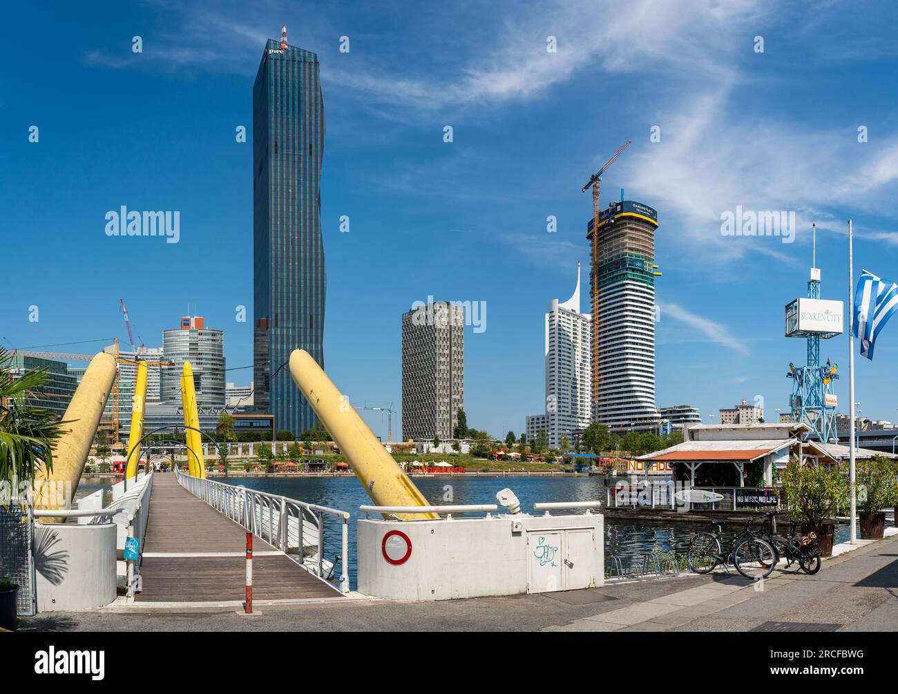 Vienna, Austria, 08.07.2023, View of Ponte Cagrana pontoon bridge at ...