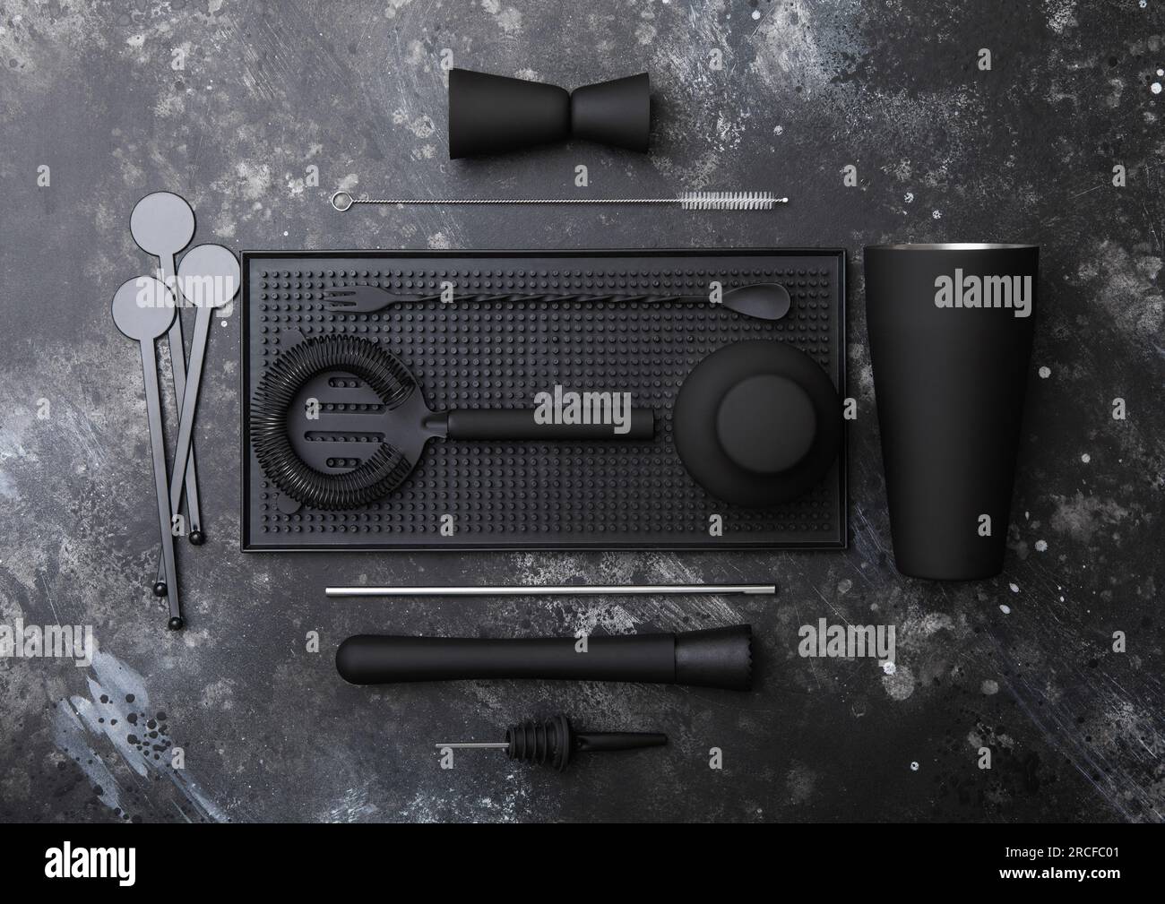 Bar rubber mat with black cocktail shaker,strainer,jigger and plastic ...