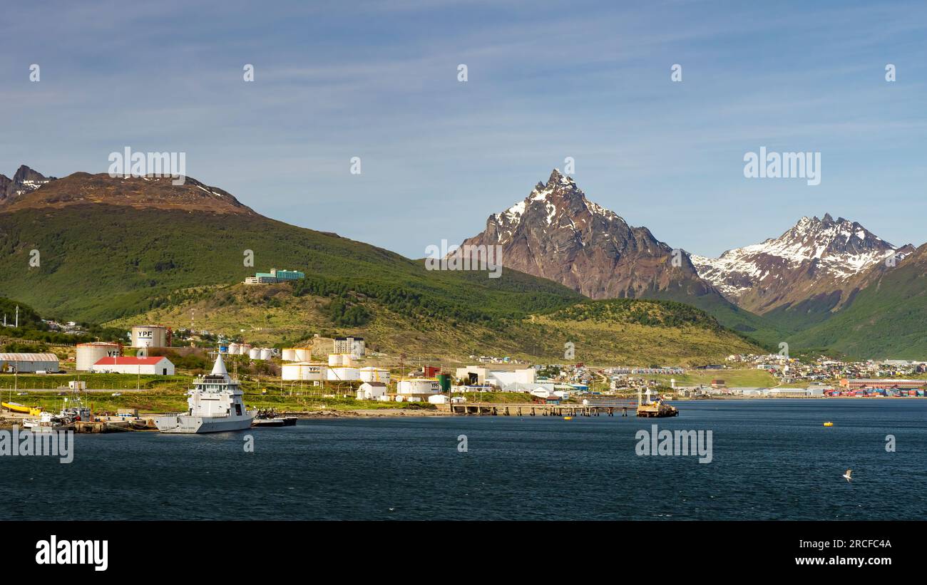 A view of the shoreline of Ushuaia in the Beagle Channel, Argentina ...