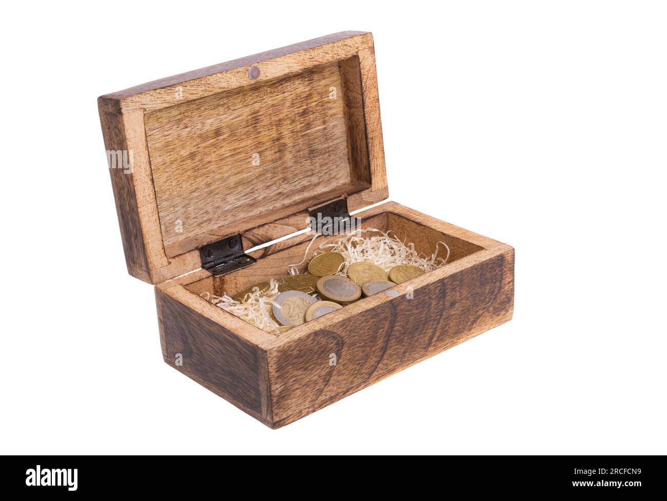 euro coins in wooden box isolated on white background Stock Photo - Alamy
