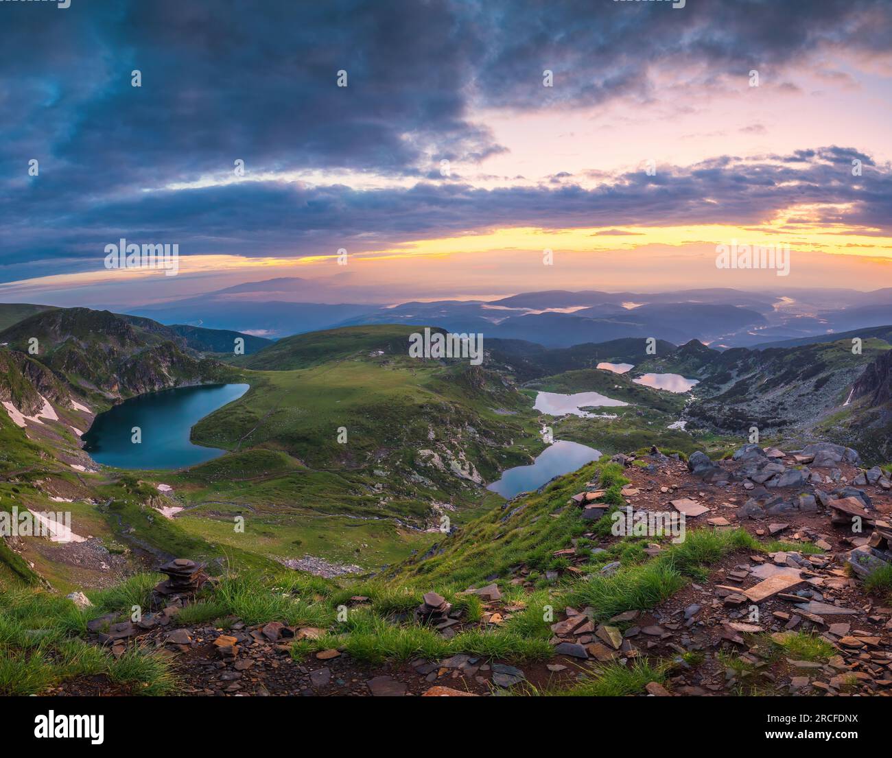 Aerial panoramic view of Seven Rila lakes and waterfalls in nature of ...