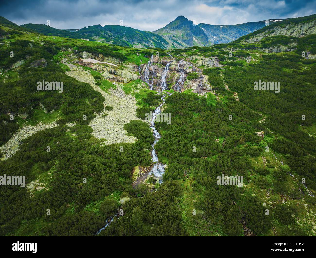 Aerial panoramic view of Seven Rila lakes and waterfalls in nature of ...
