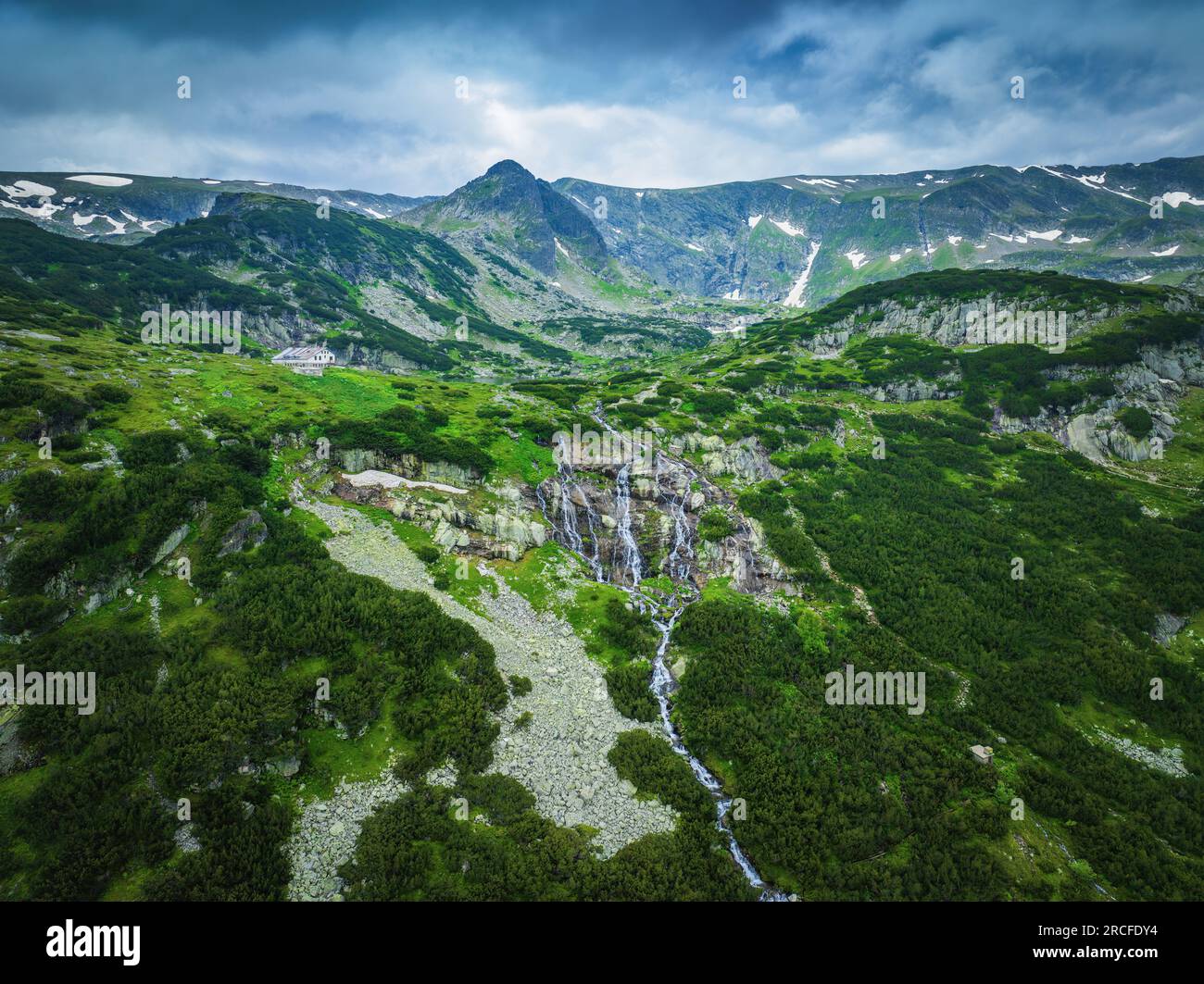 Aerial panoramic view of Seven Rila lakes and waterfalls in nature of ...