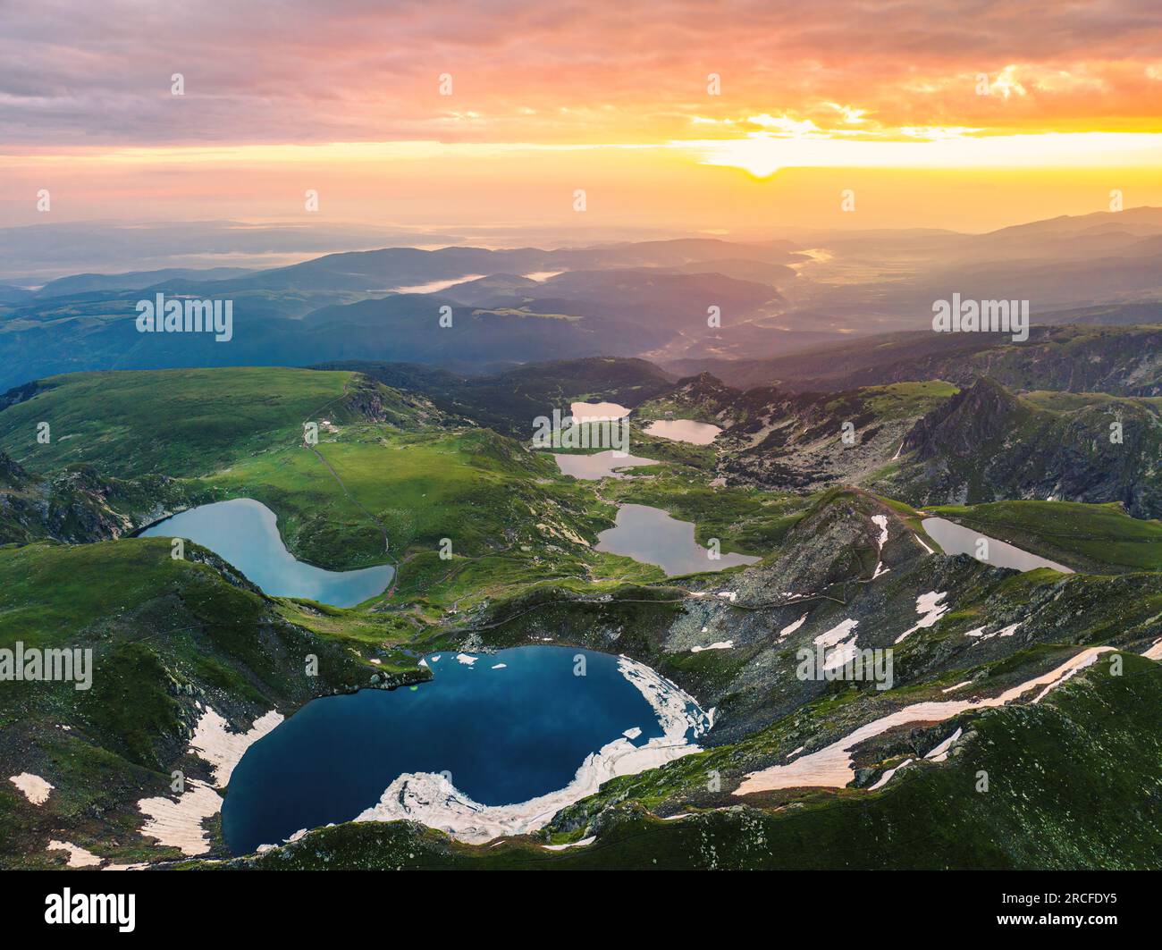 Aerial panoramic view of Seven Rila lakes and waterfalls in nature of ...
