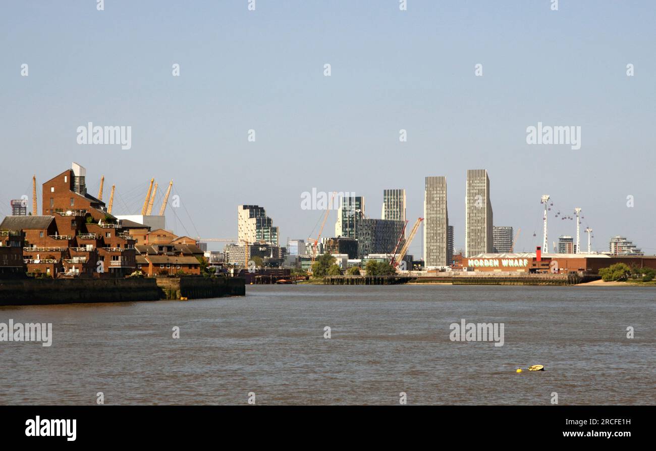 London River Thames skyline towards Mordern Wharf Greenwich 2023 Stock ...