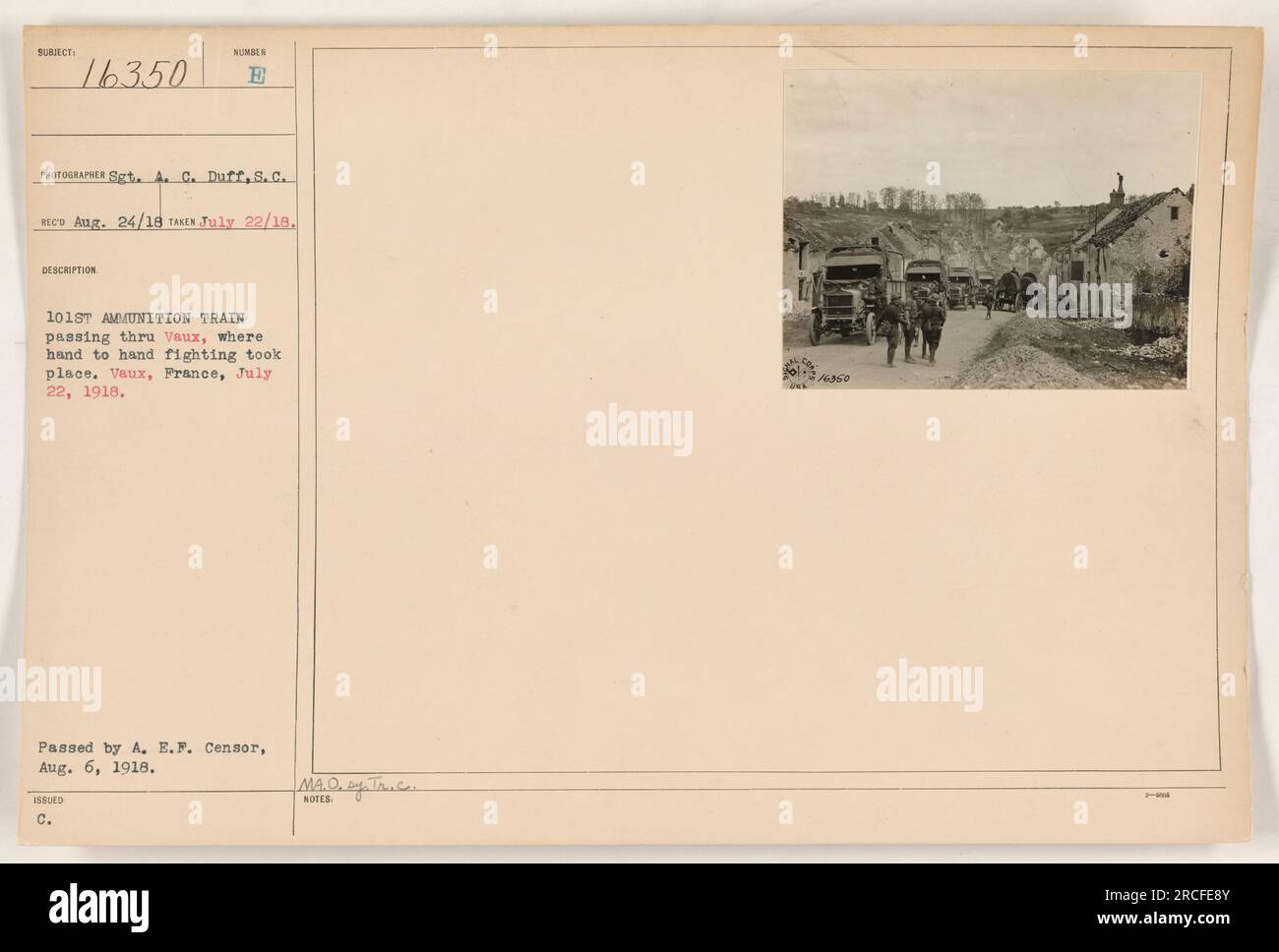 101st Ammunition Train passing through Vaux on July 22, 1918. This ...